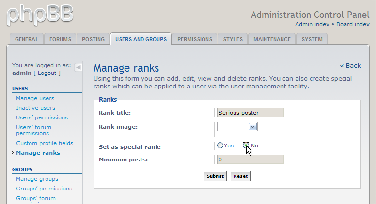 How to manage ranks in phpBB - Kualo Limited